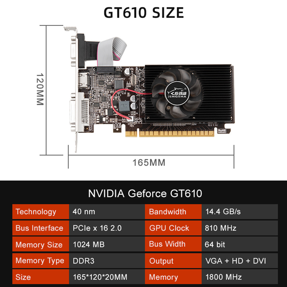 Original GT610 2G/1G Video Card PCIE X16 2.0 NVIDIA GeForce GT 610 DDR3 Graphics Card VGA HD DVI ...