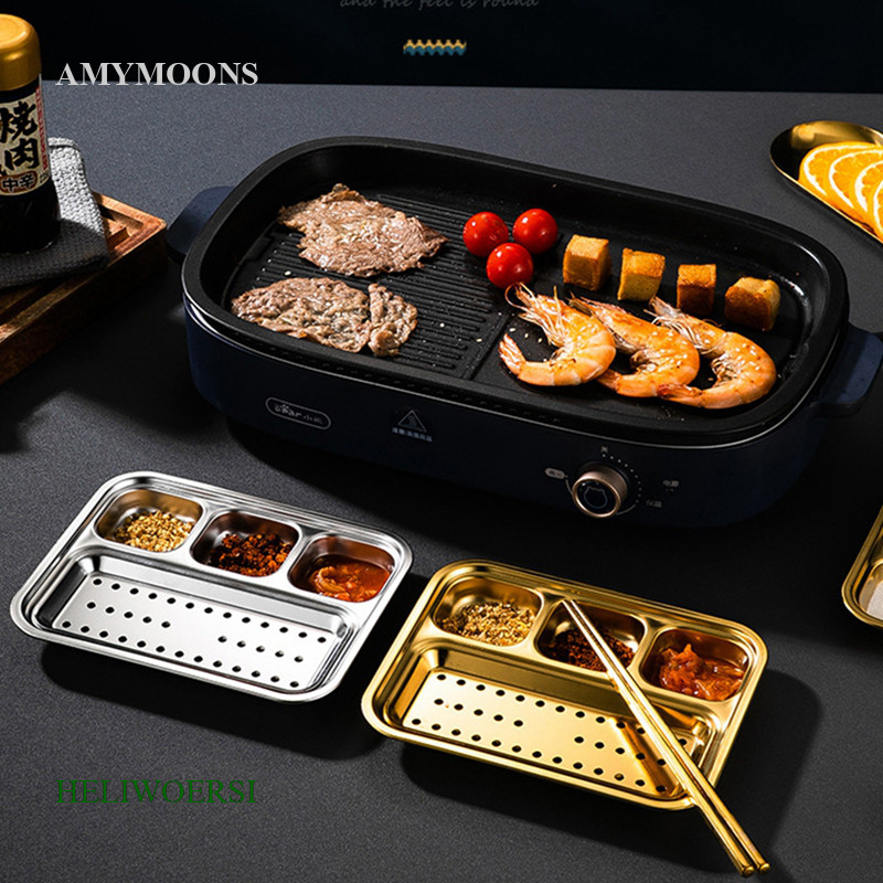 HELIWOERSI Barbecue Plate 304 Stainless Steel Four-Compartment Dinner ...