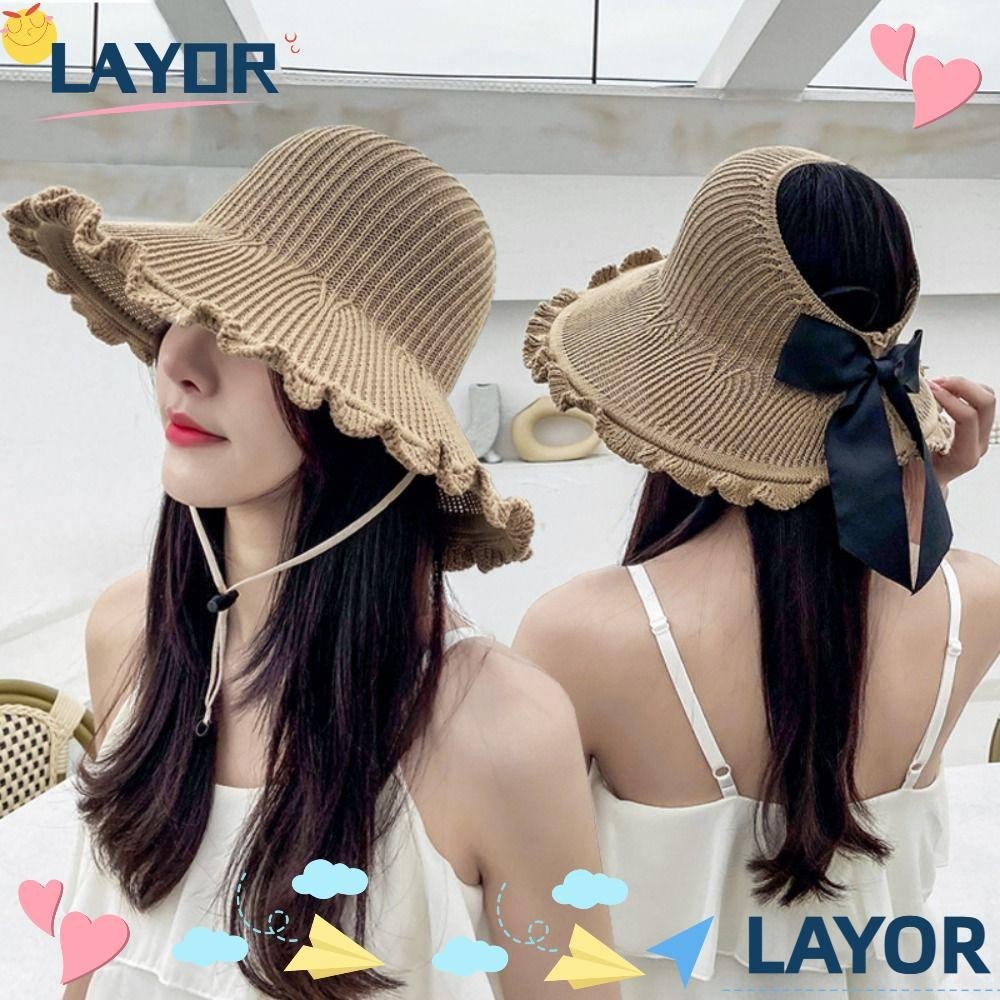 LAY Knitted Free Top Sun Hat, Outdoor Summer Big Bows Ruffle Brim Cap ...