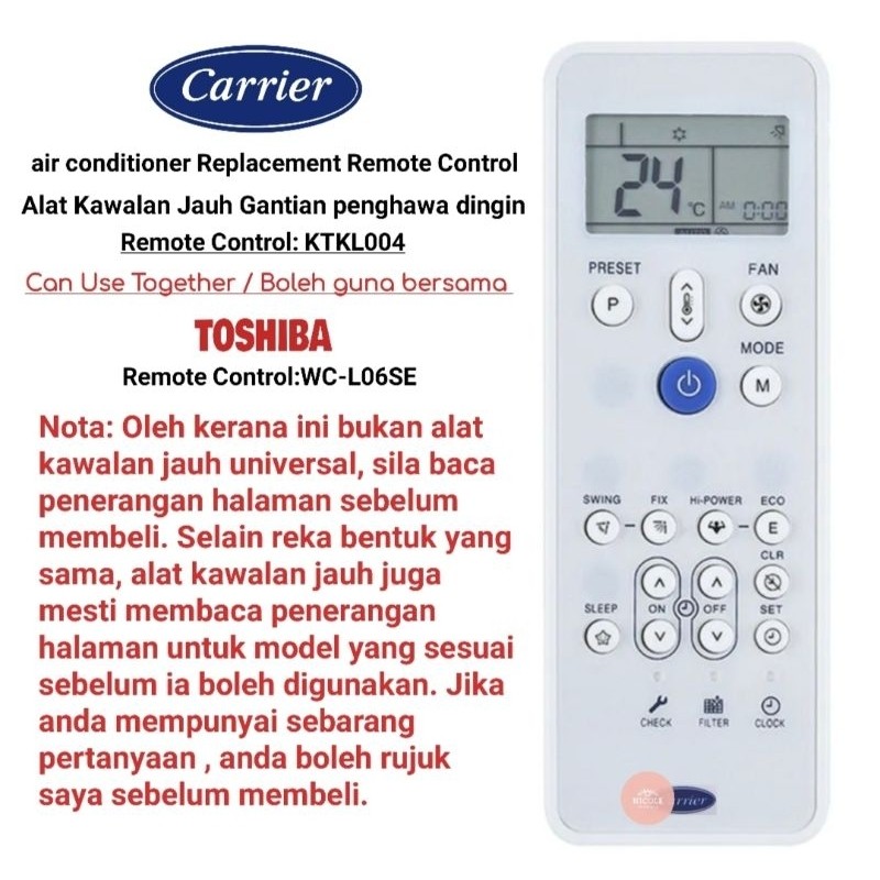 Compatible Carrier / Toshiba air conditioner Replacement Remote Control ...