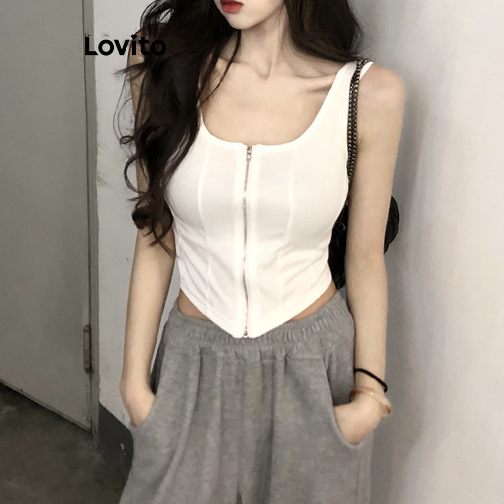 Lovito Women Casual Plain Zipper Asymmetrical Structure Line Front Zip ...