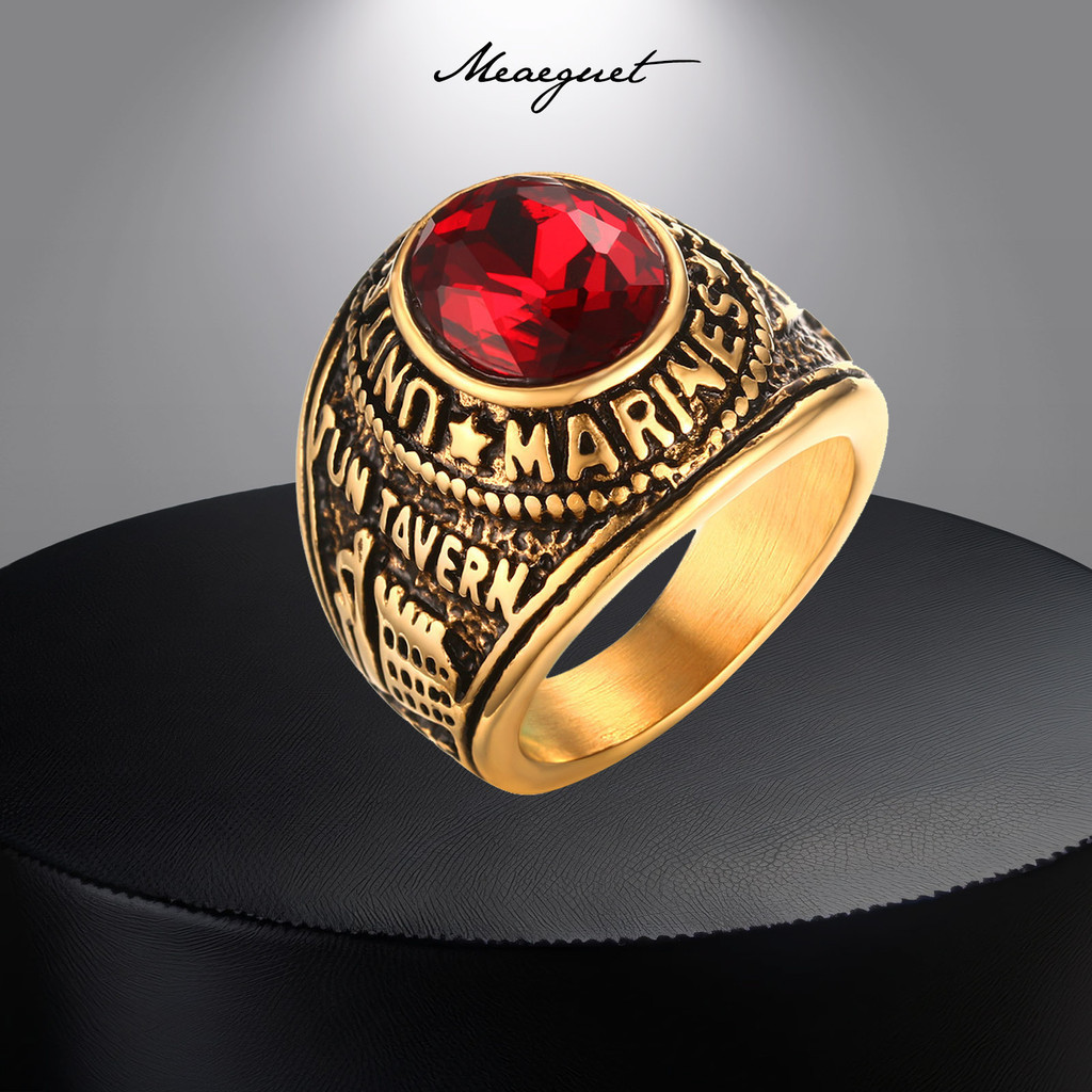 Meaeguet Retro Gothic Cool Ring for Men Stainless Steel Red Crystal ...