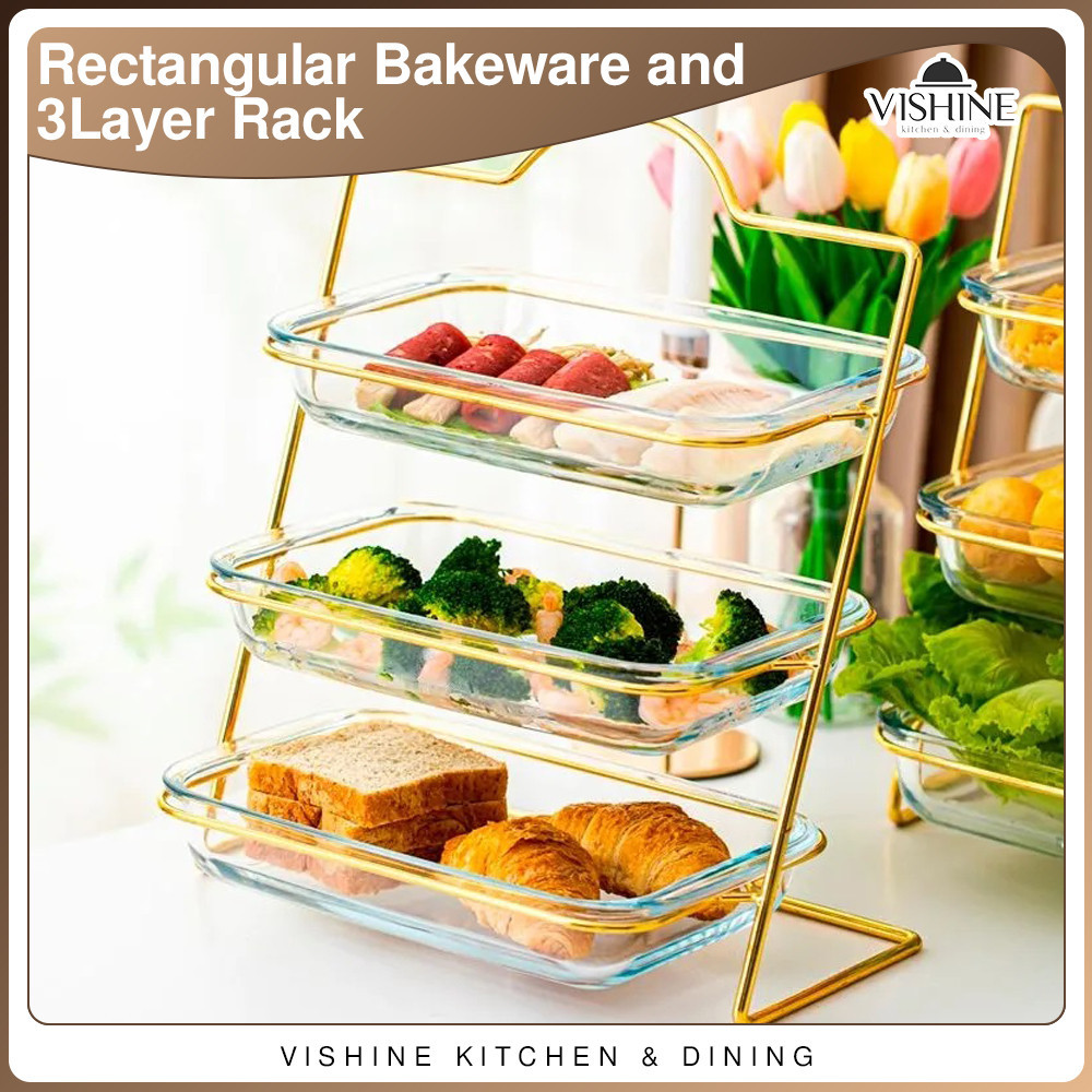VISHINE 3PCS Rectangular Bakeware w/ 3Layer Rack HIgh Temp. Glass ...