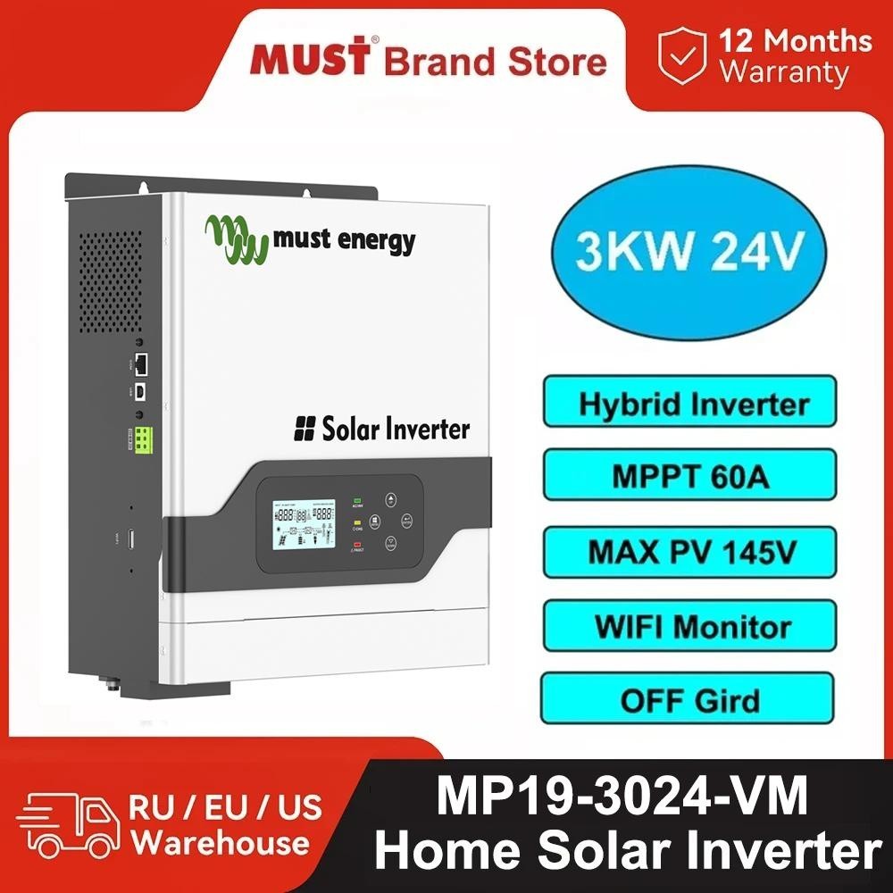 MUST Energy 3KW 24V MPPT 60A Hybrid Solar Inverter 220V 230V Output PV ...