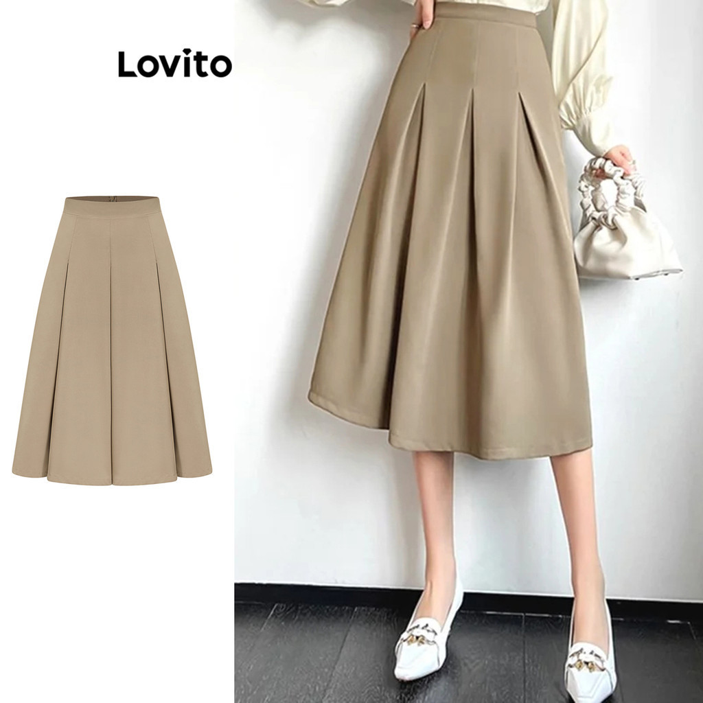 Lovito Women Elegant Plain Pleated Skirts L80ED207 | Shopee Philippines