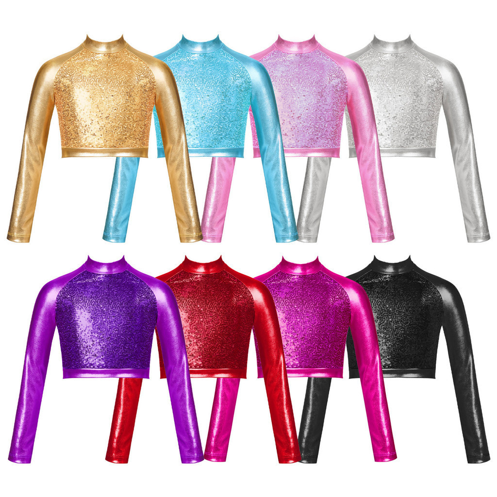 inhzoy Kids Girls Shiny Metallic Dance Top Mock Neck Long Sleeve Front ...