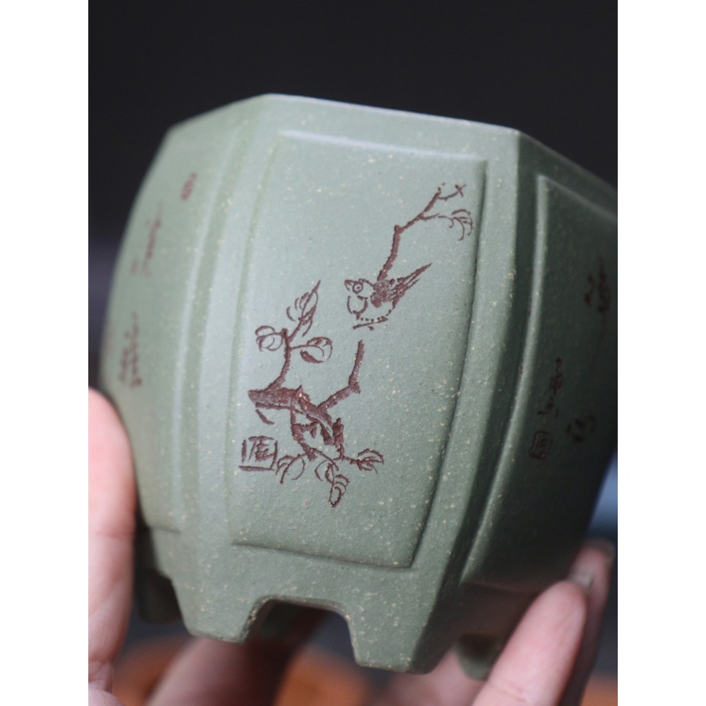 Yixing Purple Clay Flower Pot Engraved Small Pot Handmade Bonsai Pot ...