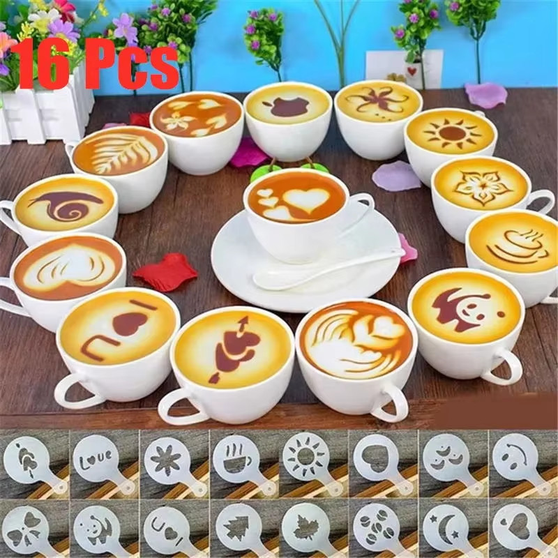 16Pcs/Set Coffee Mold Latte Cappuccino Barista Art Stencils Cake Duster ...