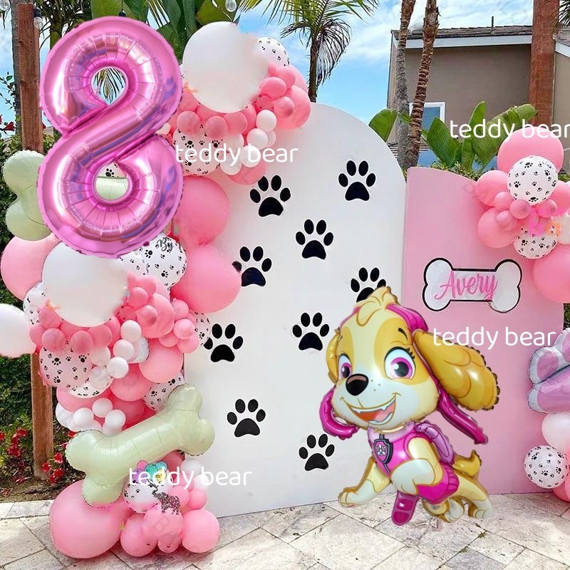 Paw Patrol Theme Balloon Garland Arch Kit 32inch Pink Number Balloon Pink Skye Dog Bone Foil ...