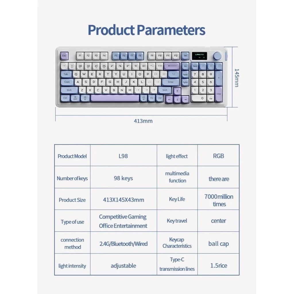 Langtu L98 Membrane Keyboard 98% Layout with Display RGB Backlight Tir ...