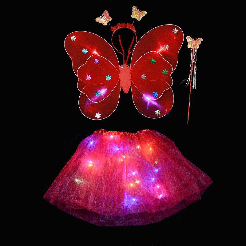 Girls Fairy Costume Set Light Up Butterfly Wing + Mesh Tulle Skirt ...