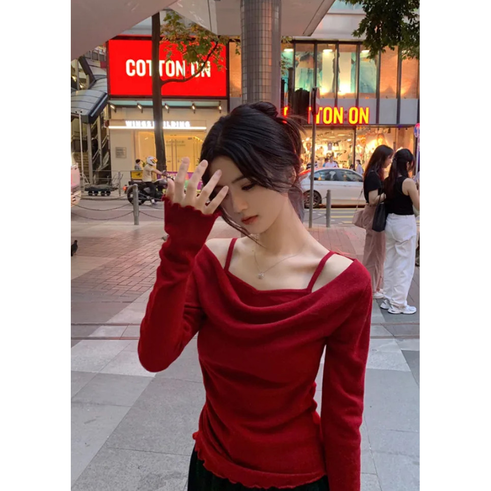 red kemeja crop top lengan panjang casual cute korean off shoulder ...