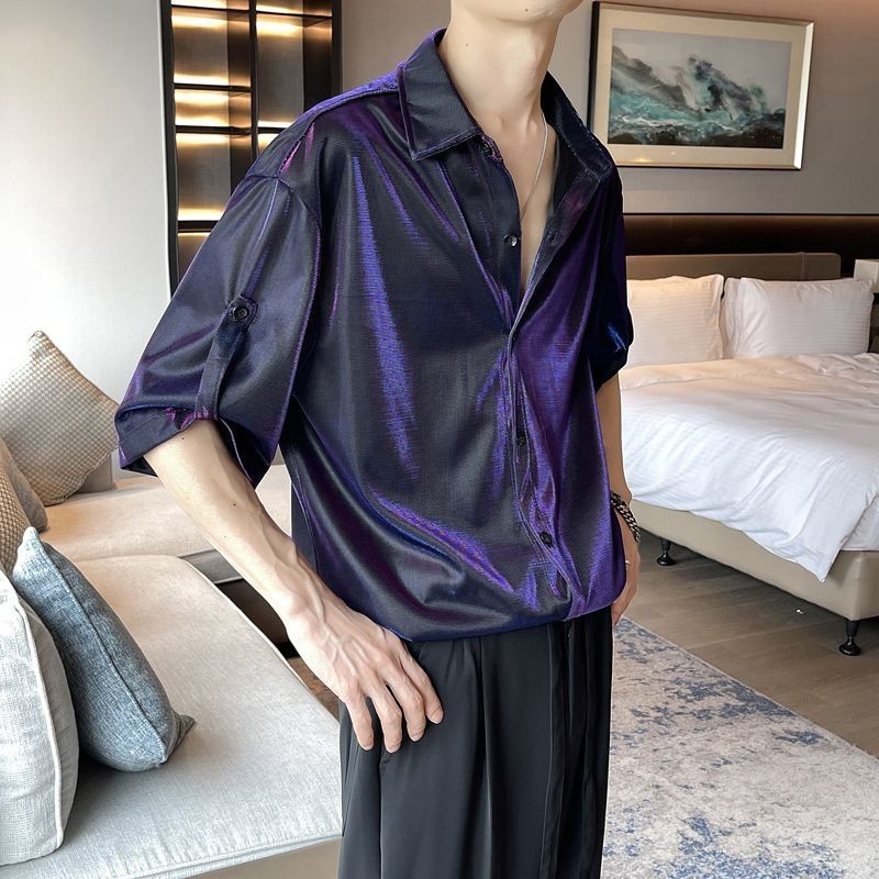 Men's Ice Silk Reflective Glossy 3/4 Sleeve Shirt | Shopee Philippines