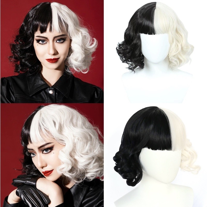 CRUELLA De Vil Cosplay Wig Black White Synthetic Short Wavy Wigs With ...