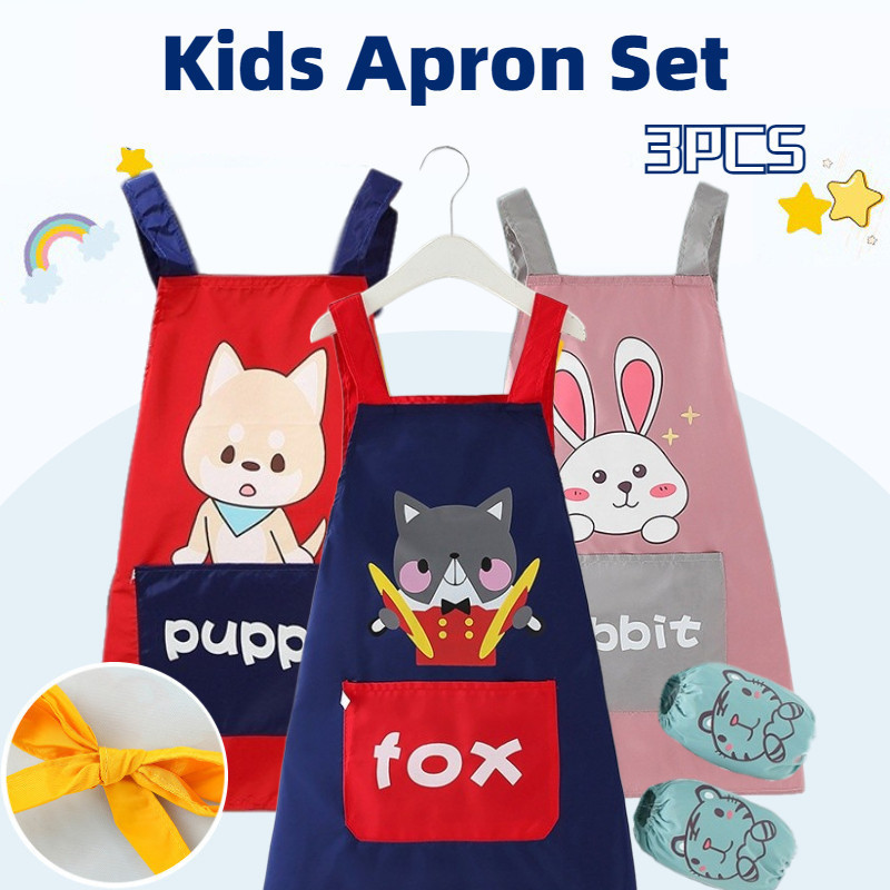 Kids Apron Set 3PCS Waterproof Cute Cartoon Animals Children Painting ...