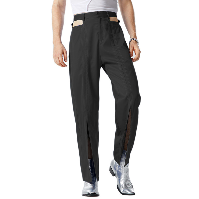 Men Vintage Bright Line Design Waist Cut-Out Leg Opening Trousers ...
