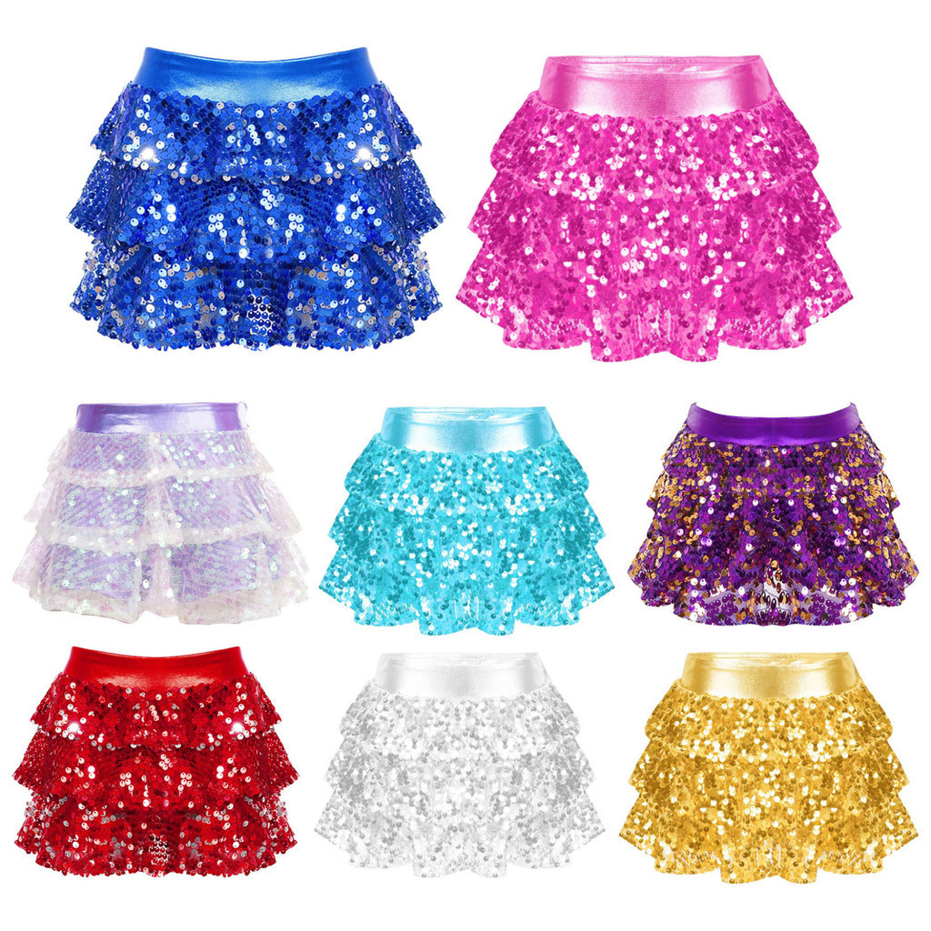 Kids Girls Sparkle Metallic Skirt Layers Ruffle Dance Skirt Shiny ...