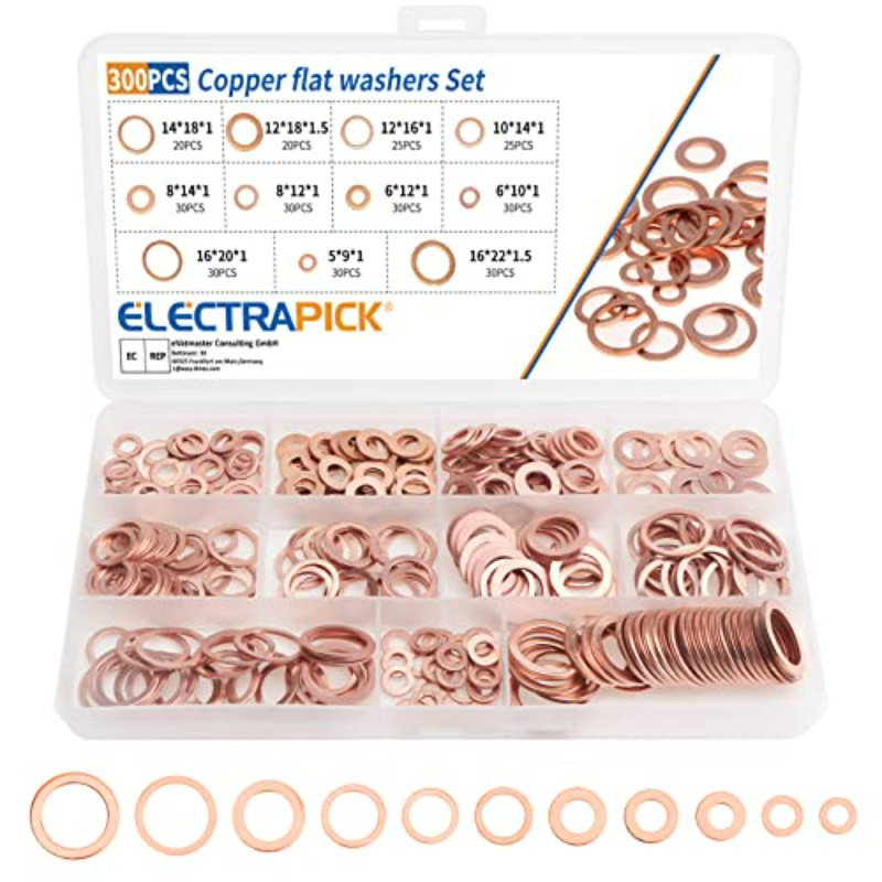 300pcs/box Copper Washers Set for Screws with 12 Sizes Locking Washers ...