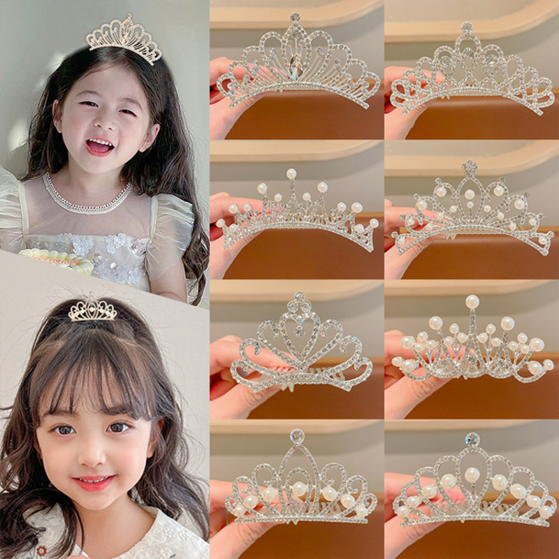 Girls Pearl Rhinestone Crown Comb Children's Cute Princess Hair ...