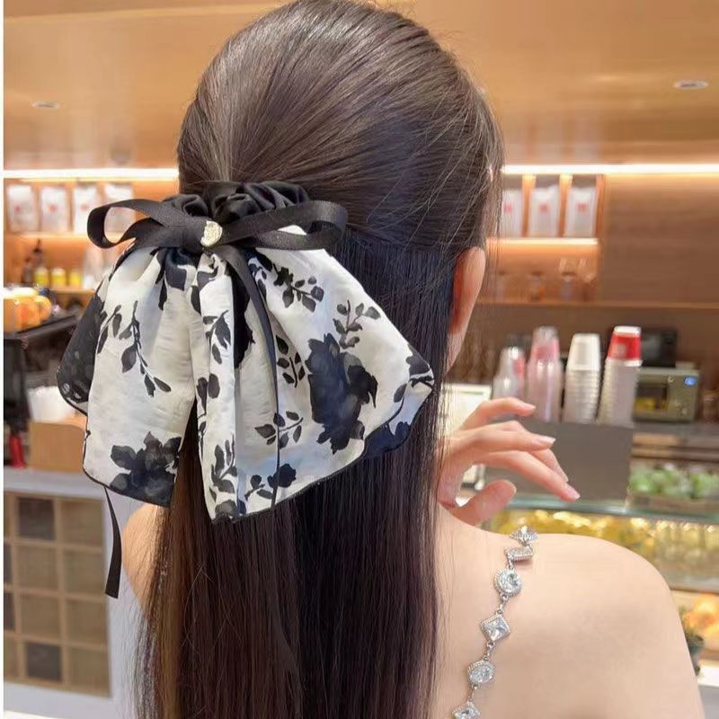 2024 Retro Printed Bow Knot Scrunchy Hair Ring Ponytail Streamer Head ...