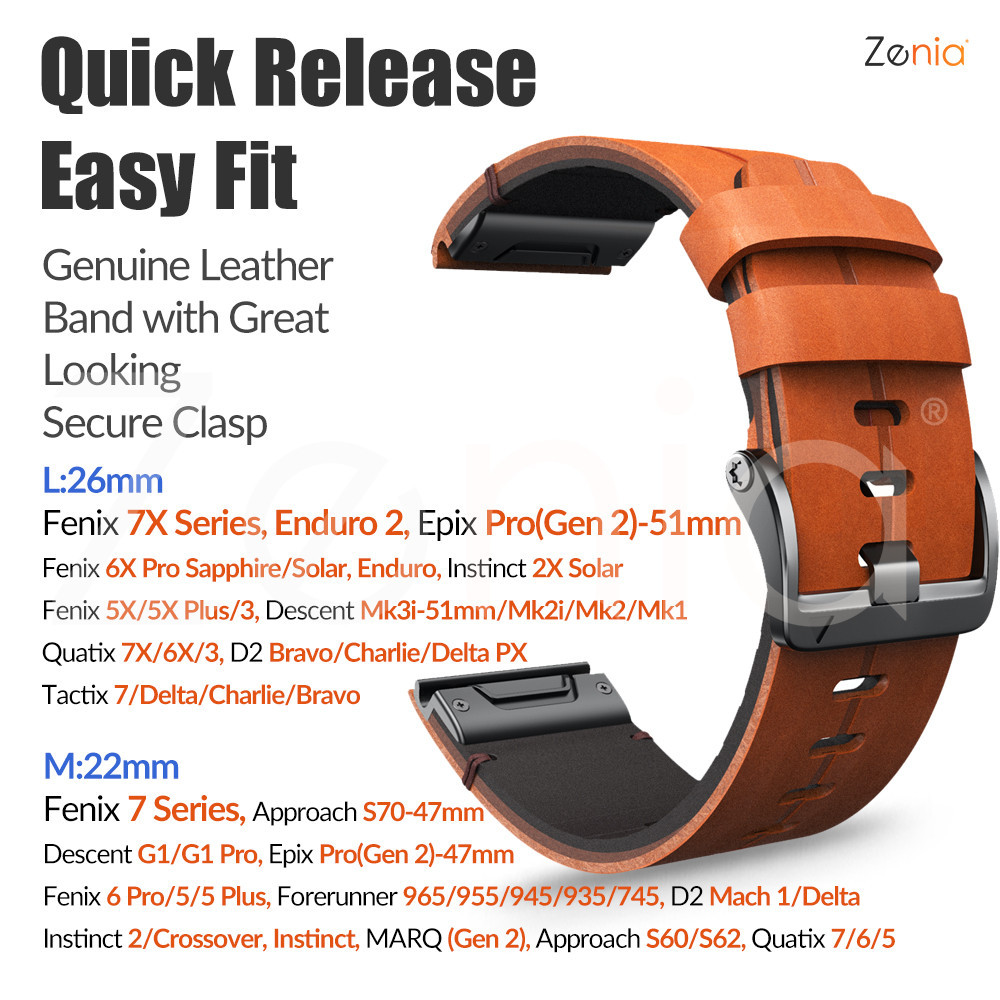 26MM 22MM Genuine Leather Quick fit Watch Strap for Garmin Fenix 7X 7 ...