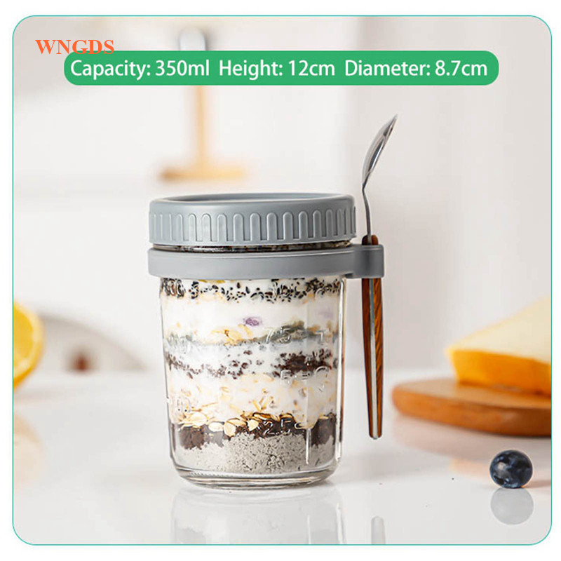 350ml Reusable Overnight Oats Jars with Spoon Airtight Oatmeal Cup Container with Measurement ...