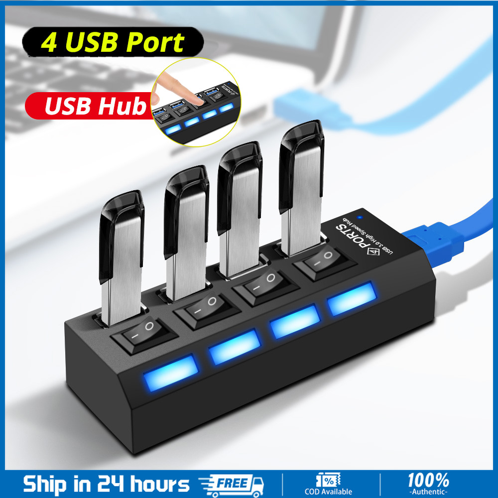 4 Ports USB Hub Splitter Adapter USB Hi-Speed 2.0 Hub 480Mbps LED On ...