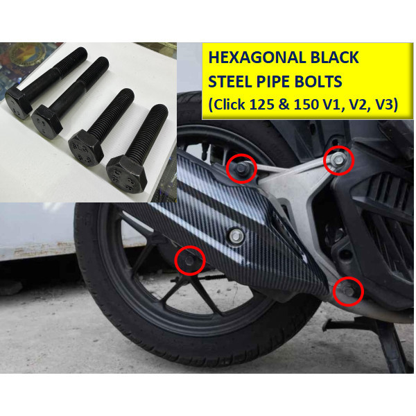 HEXAGONAL BLACK STEEL PIPE BOLTS FOR HONDA CLICK 125 & 150 V1, V2, V3 ...