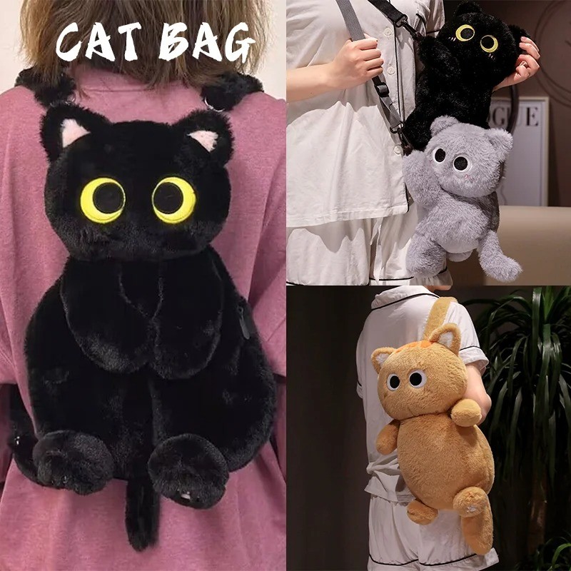 Huggable Soft Long Cat Plush Backpack Cute Cartoon Black Cat Fluffy ...