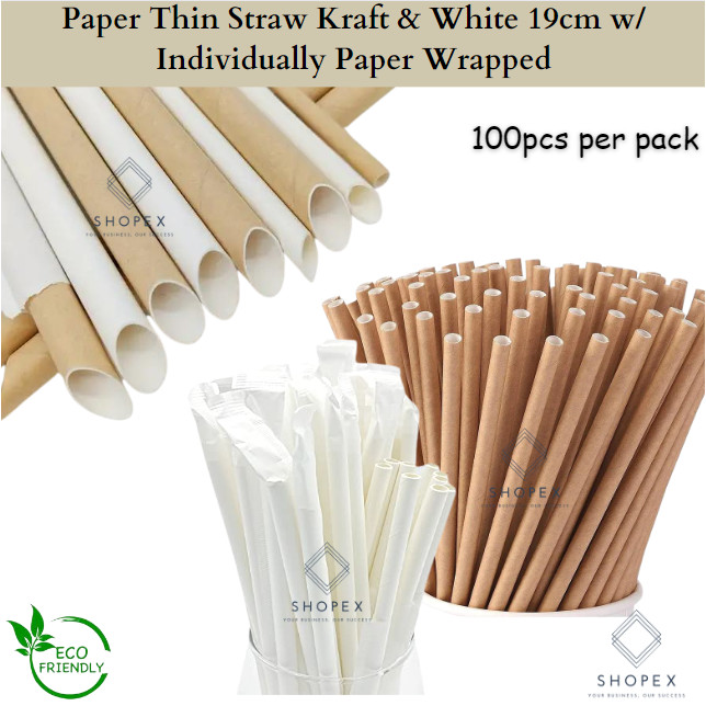 Thin Paper Straw Individual Wrapped 19 CM Kraft & White (100pcs) /Juice ...