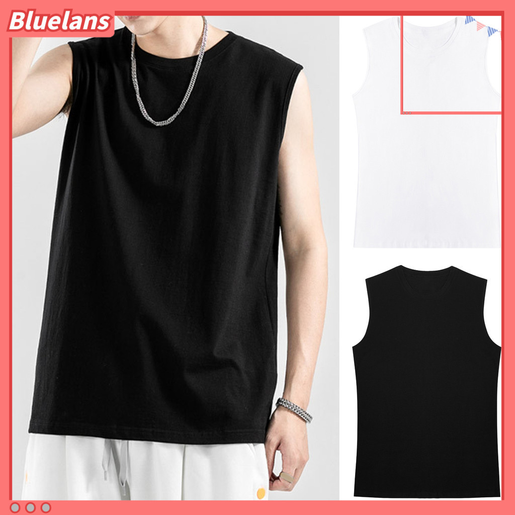 [bl]men Summer Sport Vest O Neck Sleeveless Solid Color Loose