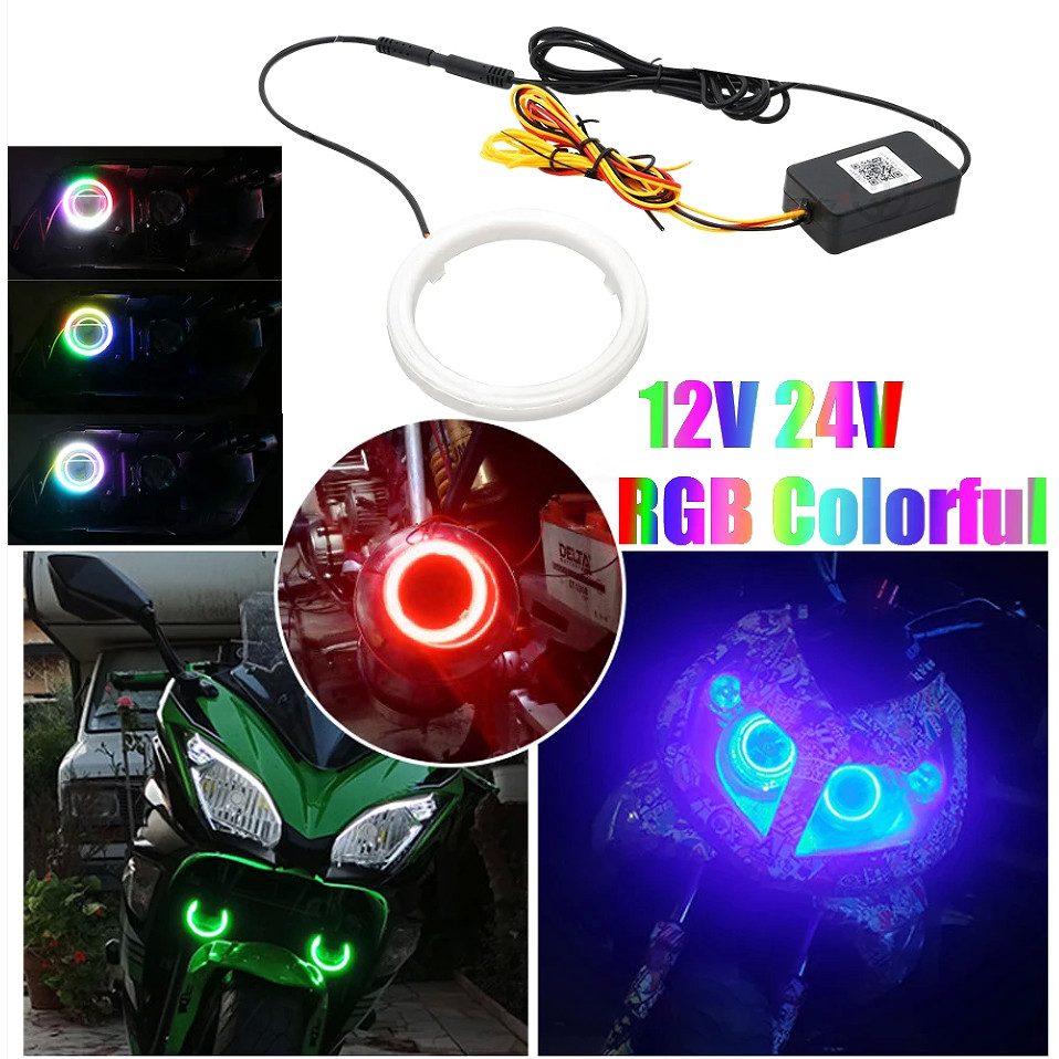 1PC LED Motorcycle Retrofit DRL Headlight For Motorcycle RGB Angel Eyes ...