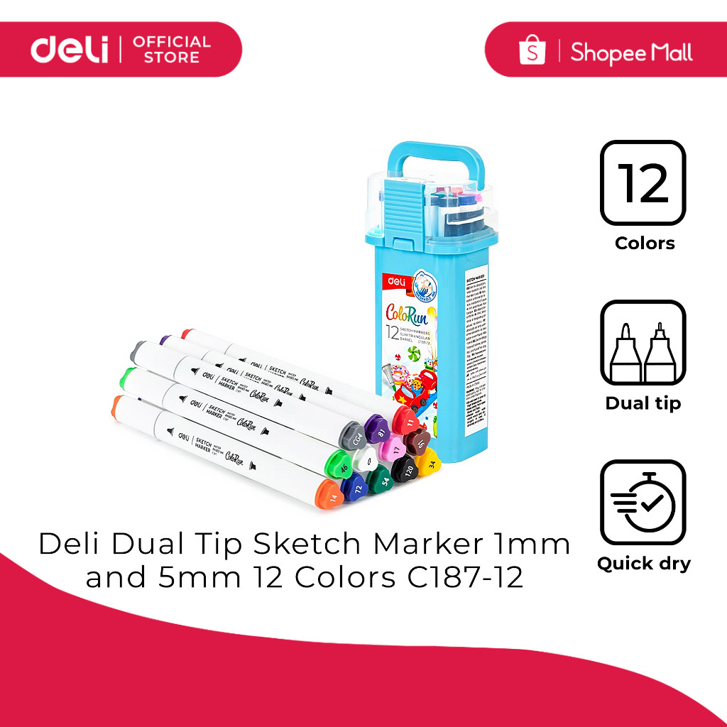 Deli C187-12 Dual Tip Sketch Marker 12 Colors | Shopee Philippines