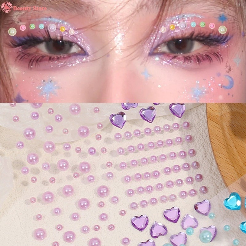 Love Heart Pearl Diamond Face Eyebrow Stickers / Girls Acrylic Crystal ...
