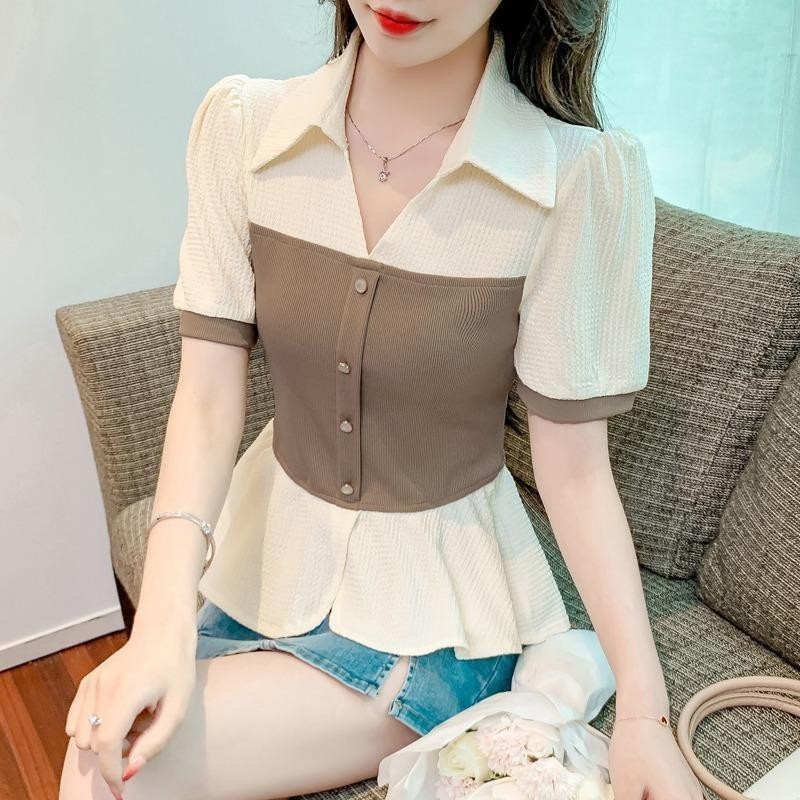 Fake two piece shirts Korean style blouse V-neck tops | Shopee Philippines