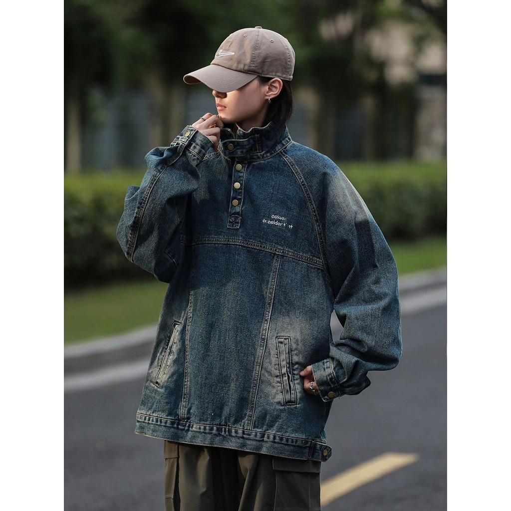 American Retro Stand-Up Collar Pullover Denim Jacket Denim Jacket ...