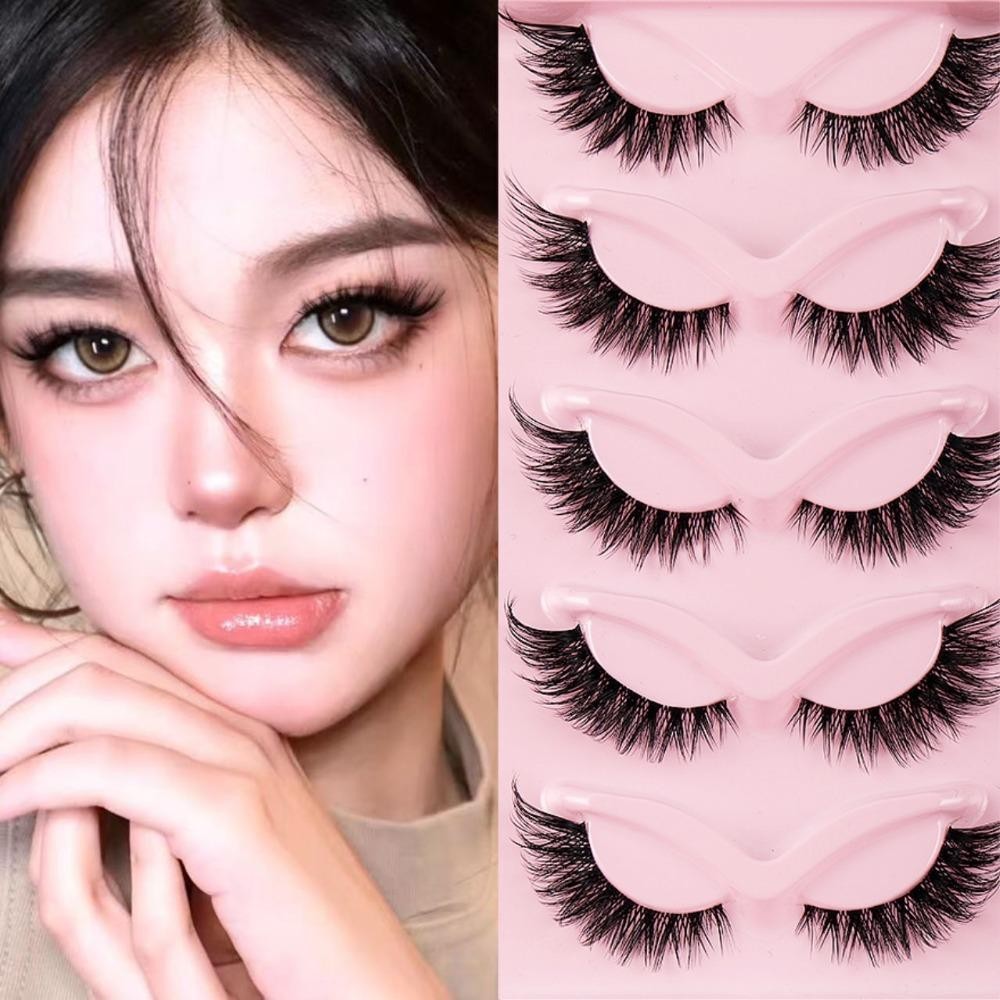 5 Pairs Cat Eye soft False Eyelashes Clear Stem 3D Fluffy Strip Short ...