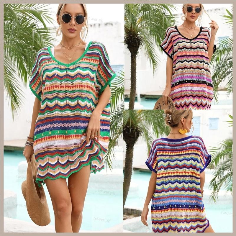 TO Womens Crochet Beach-Dress Color-Block Swimsuit Cover Up V-neck ...