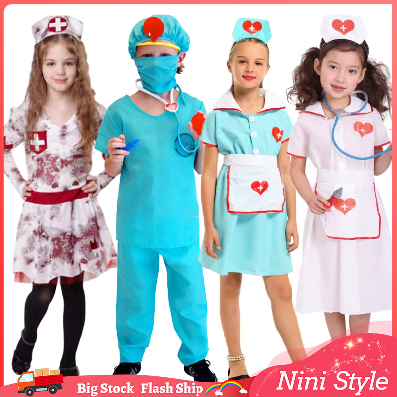 Doctor Nurse Costume for Kids Girl Career White Blue Bloody Dress ...