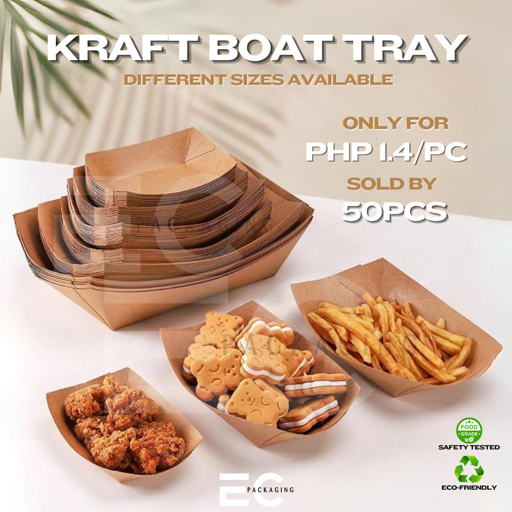 [EC] 50Pcs Kraft Boat Tray PE Coated Disposable Hotdog Boats Kraft ...