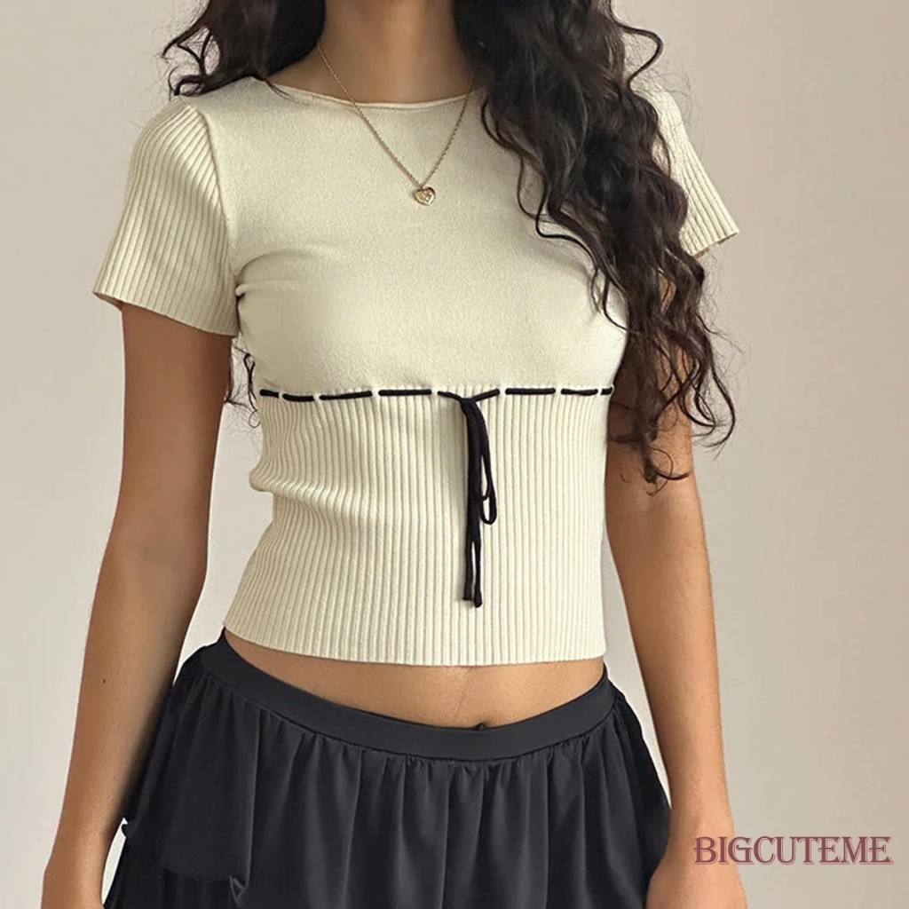 []-Women´s Summer Crop Tops Black Line Ribbon Short Sleeve Round Neck ...