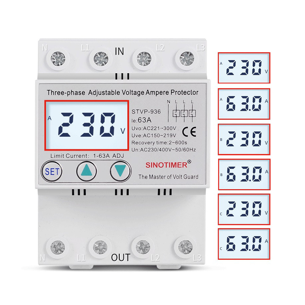 3 Phase 380V 50A 63A 80A Multifunctional Over Under Voltage and Over ...