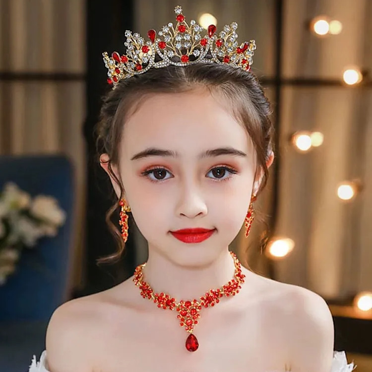 3 Pcs/Children's Birthday Crown Necklace Set Crystal Rhinestone Wedding ...