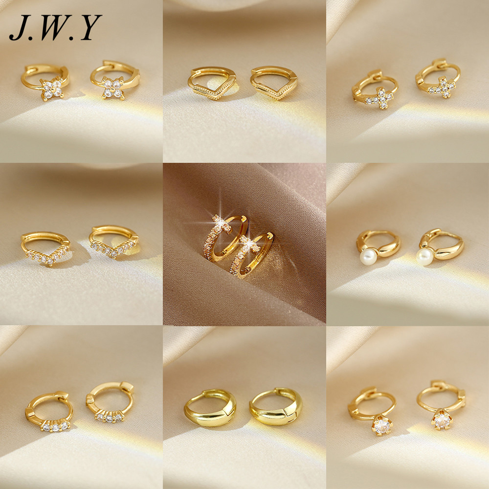 18K Gold Hypoallergenic Plated Zircon Hoop Earrings for Women Stud Earring Accessories Jewelry ...