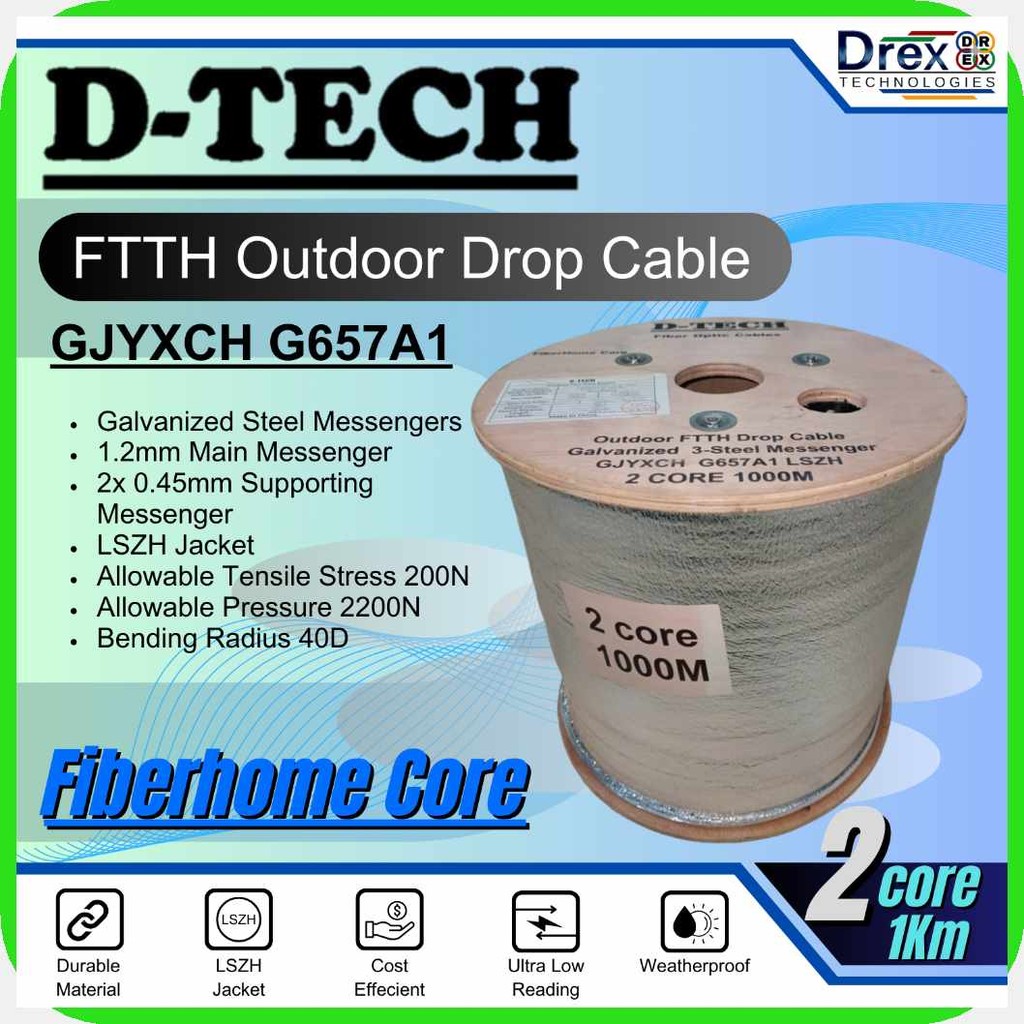 D-Tech,Bm/hzFTTH>C)Fiber}M)Drop}W)Cable}w)2Core}d)1KM}w)G657A1 - with 3 ...