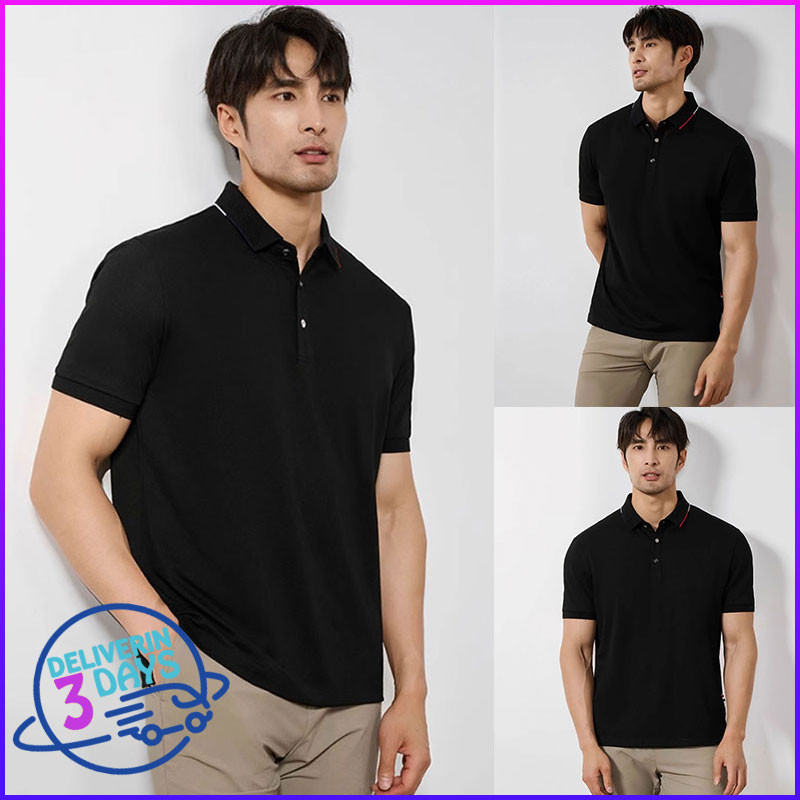 Classic pure black minimalist men's button polo shirt short sleeved T ...