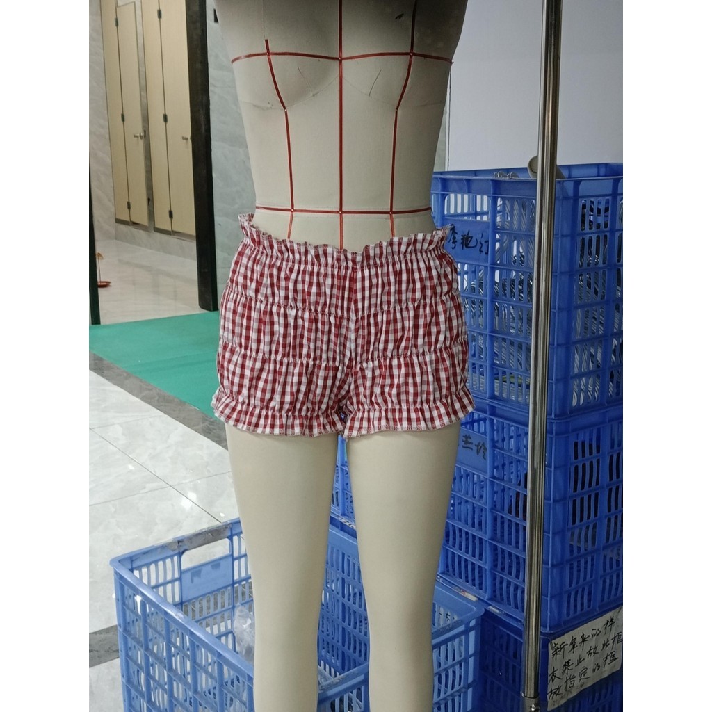 []-Women Ruffled Casual Plaid Print Elastic Waist Shorts for Beach ...