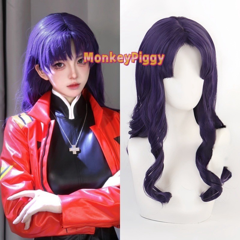 Anime EVANGELION Misato Katsuragi Cosplay Wig Purple Long Curly Hair ...