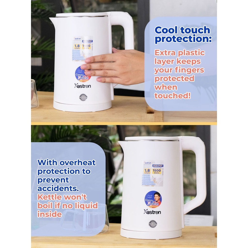 Astron ECOPOT Electric Kettle - Matte White | 1.8L | Safe-Touch Design ...