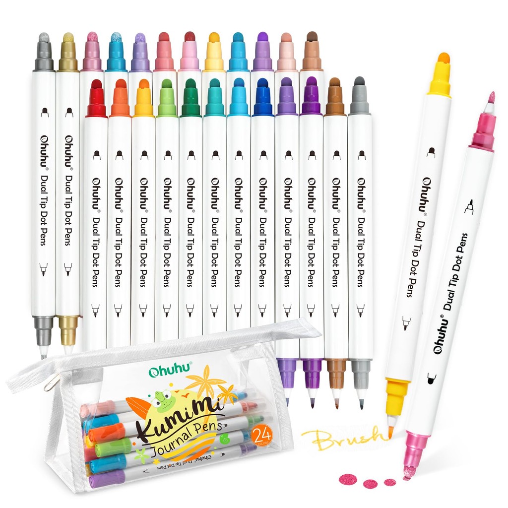 Ohuhu Dot Pen 24 colors, brush, fine and dot, 3 types of nibs, metallic ...